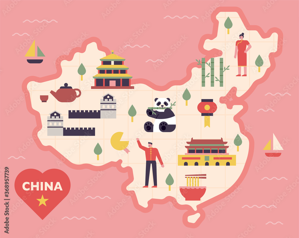 Chinese symbol icons are placed on the cute Chinese map. Stock Vector ...
