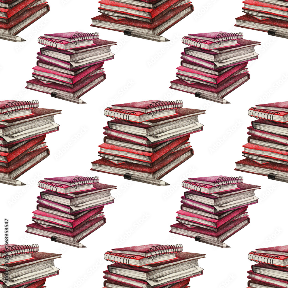 Seamless pattern color pencils hand-drawn stack of old brown books and ...