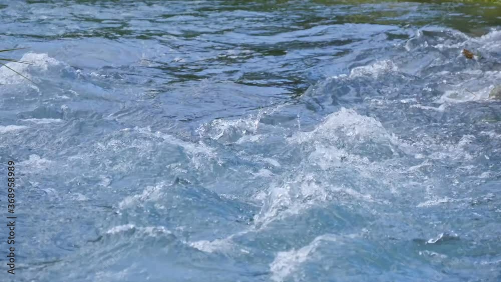 Closeup of tasman river in New Zealand, water splashes from flowing ...