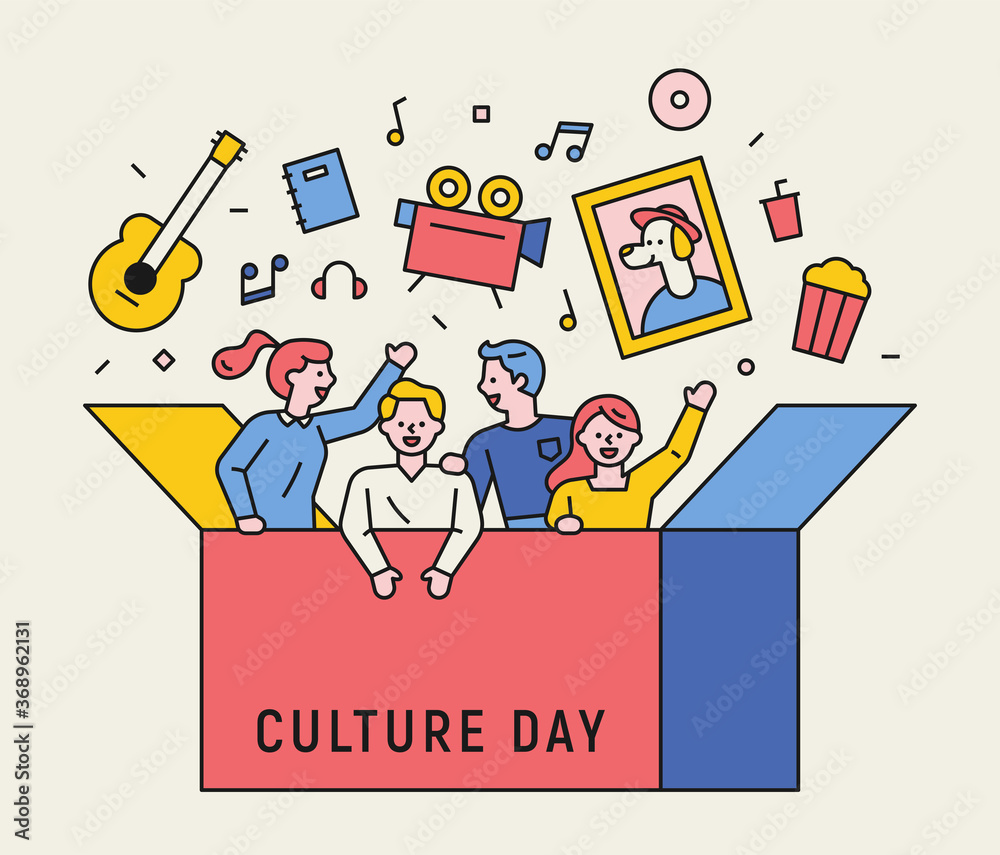 On Culture Day, people and cultural icons pop out of the box. Stock ...