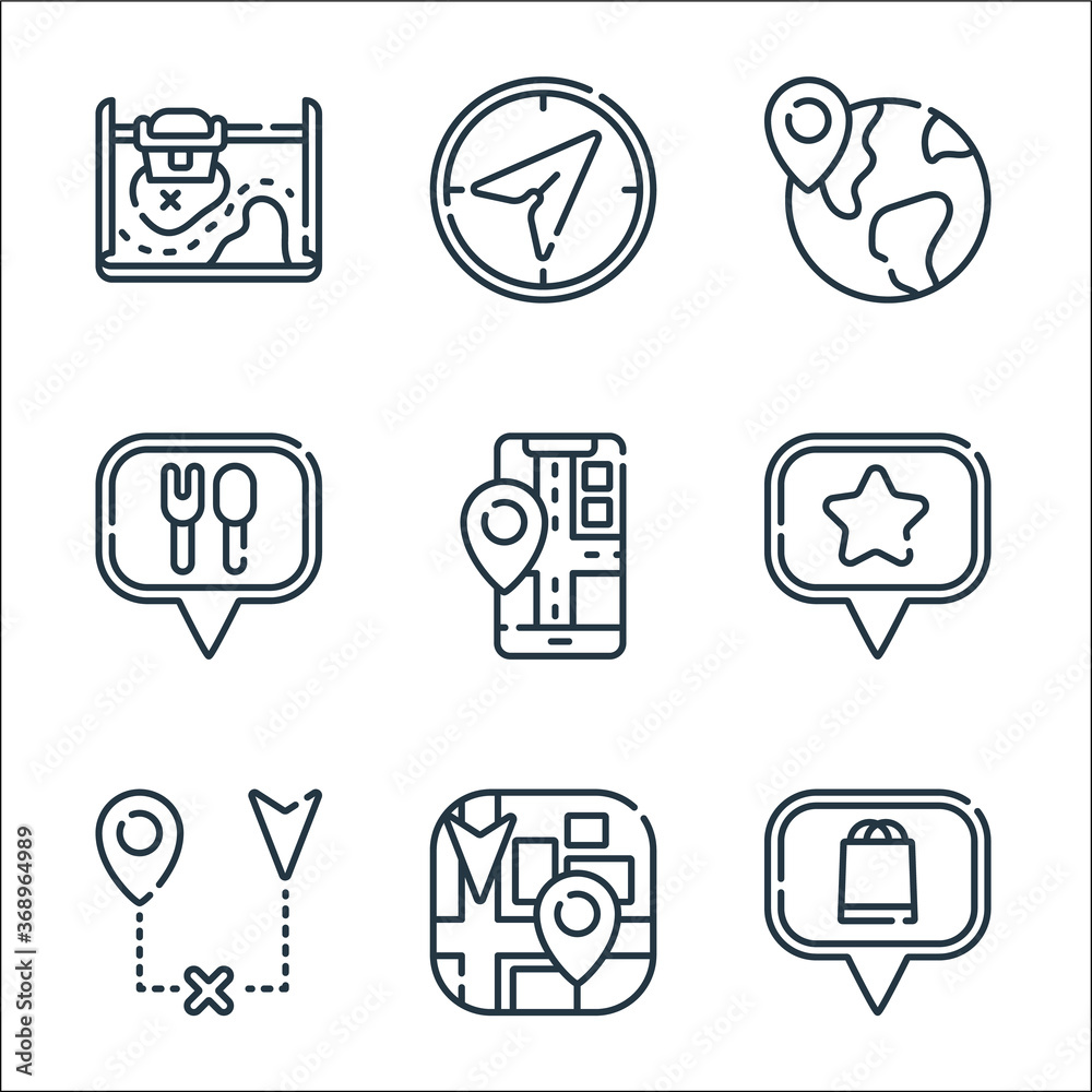 navigation and maps line icons. linear set. quality vector line set ...