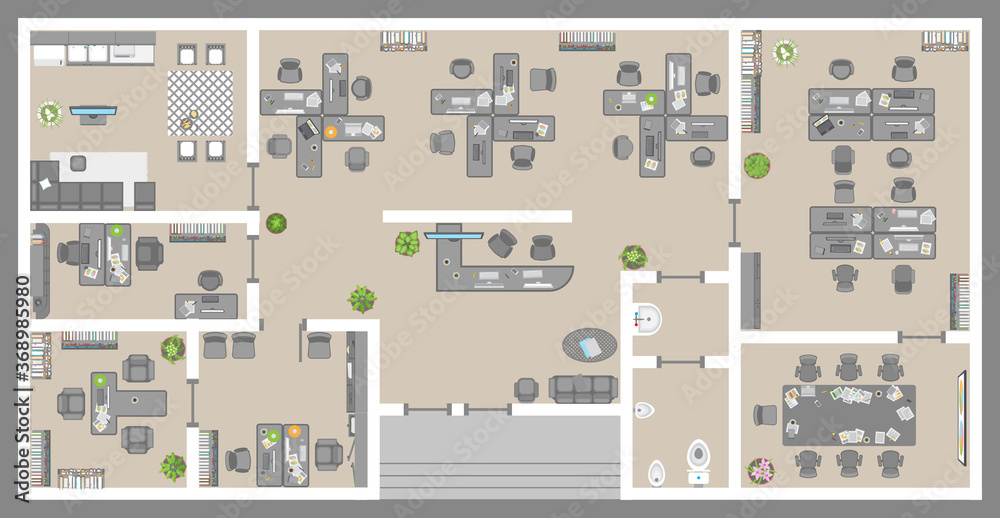 Office. Top view. Working space. Office room, meeting room, reception ...