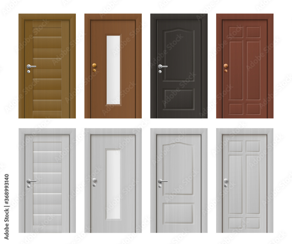 Set of entrance and rooms doors icons, realistic vector illustration ...