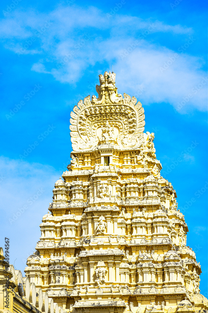 The top view of the upper portion of the temple with kalasa and blue ...