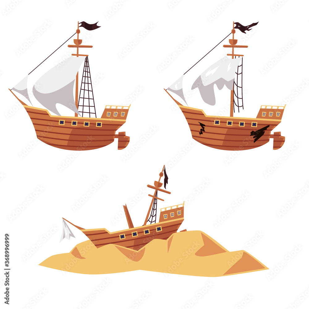 Pirate ship wreck set - new and old boat with black flag, shipwreck ...