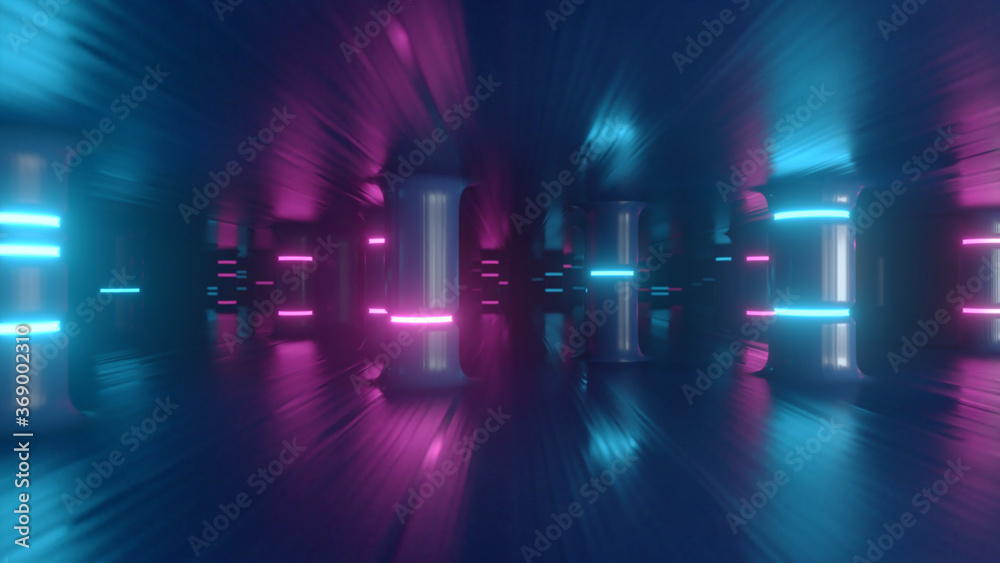 Fly through a futuristic corridor along neon glass pillars and columns ...