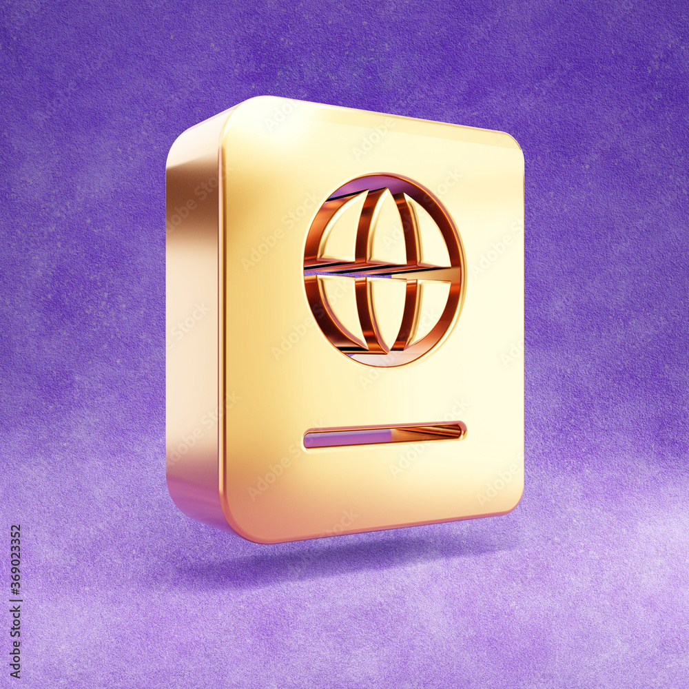 Passport icon. Gold glossy Passport symbol isolated on violet velvet ...