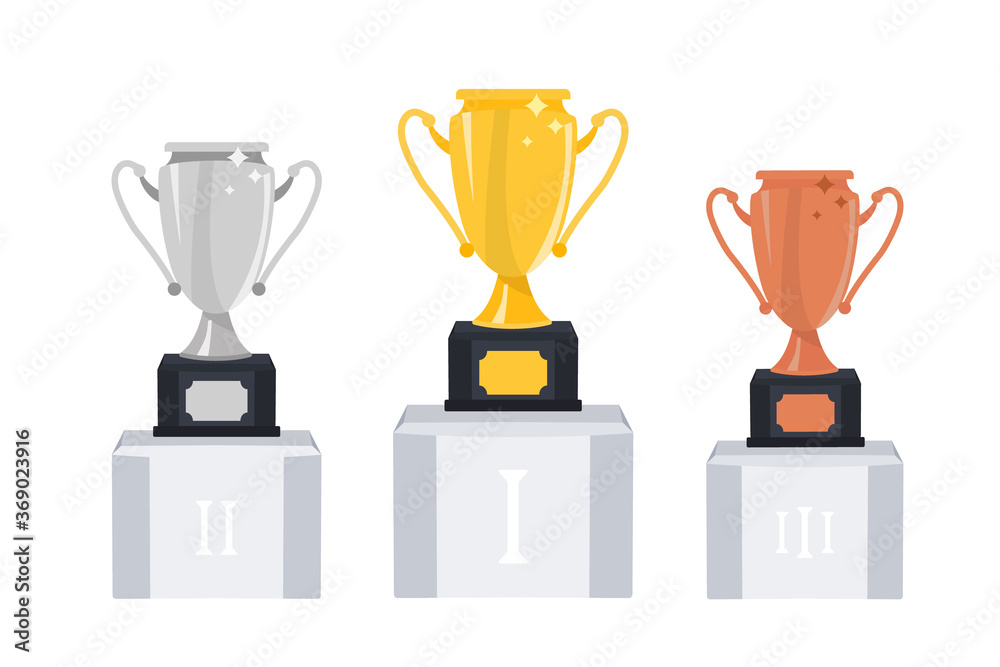 Gold, silver and bronze winners cup. Trophy Cup. First place award ...
