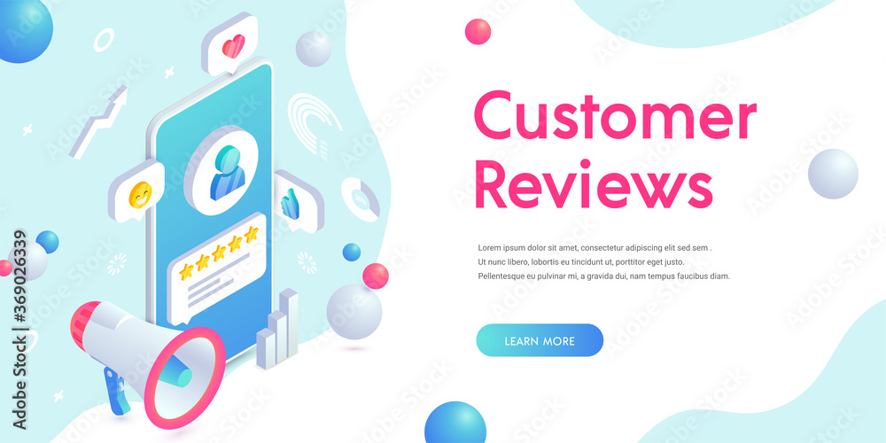 Customer review trendy fluid banner. Feedback isometric 3d concept ...