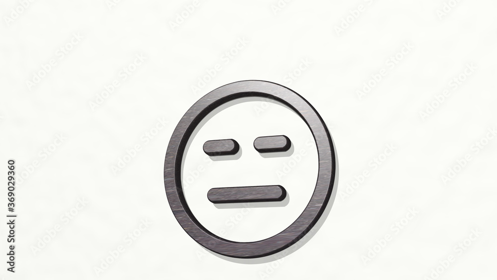 SMILEY INDIFERENT on the wall. 3D illustration of metallic sculpture ...