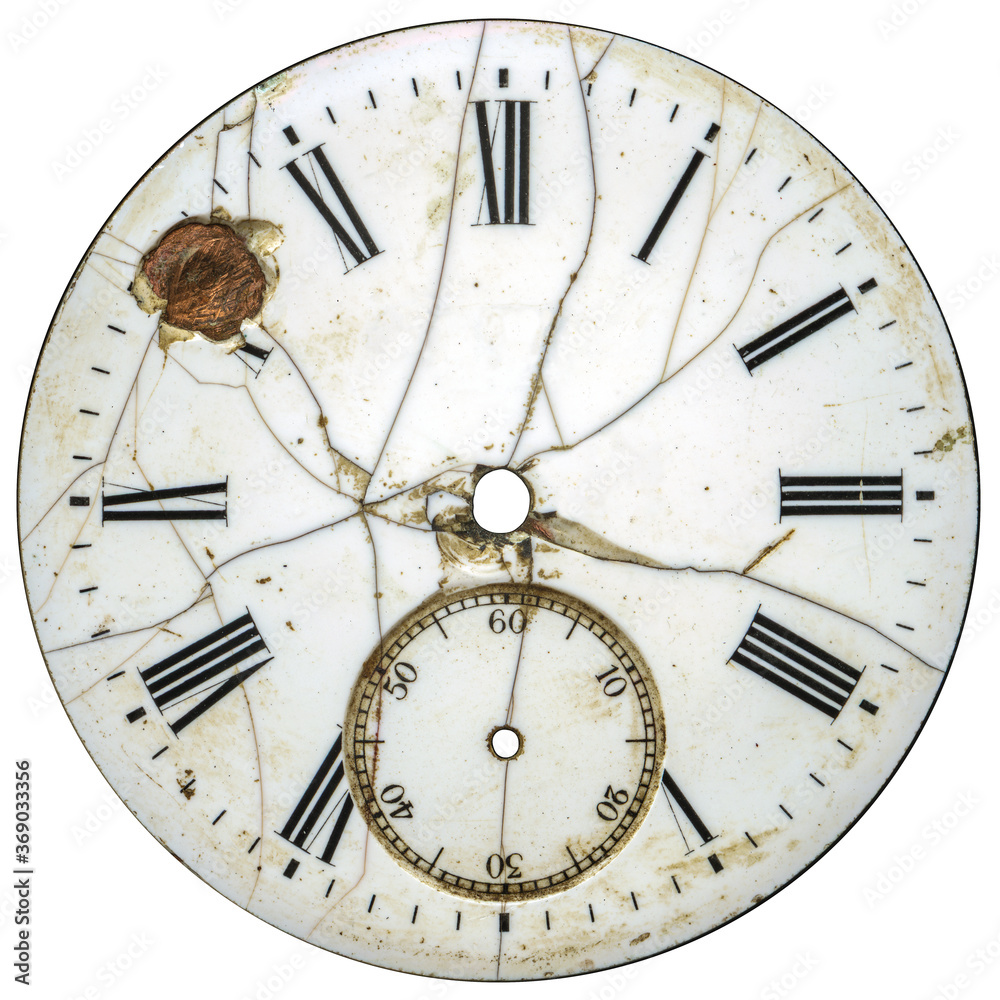 Vintage pocket watch - cracked, broken and dirty enamel face, isolated ...