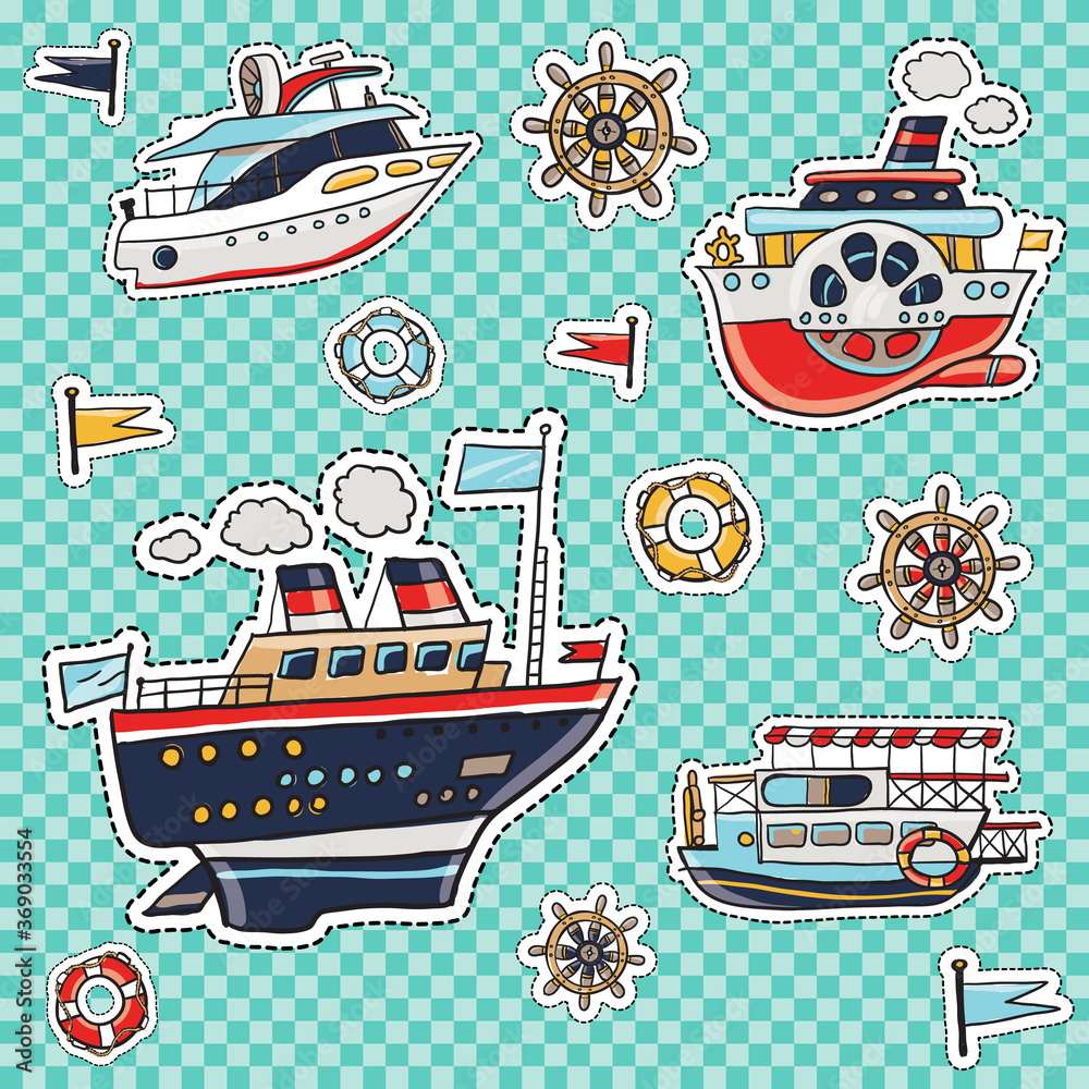Set of beautiful marine elements: modern yacht, river boat, steam ship ...