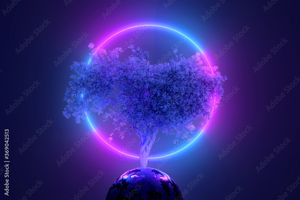 Abstract neon background, mystical coniferous downy tree sprouting ...