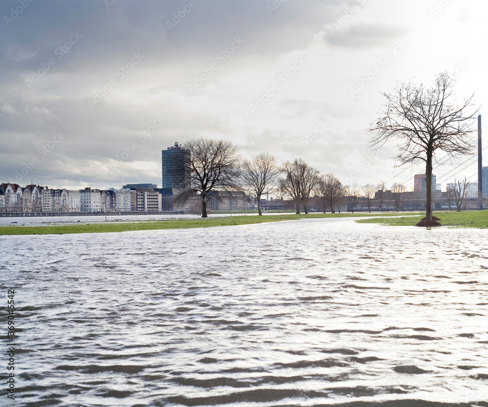 Climate change, flooding, inundation of a river, city in the bac Stock ...