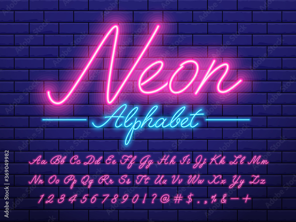 Glowing neon light alphabet design with uppercase, lowercase, numbers ...