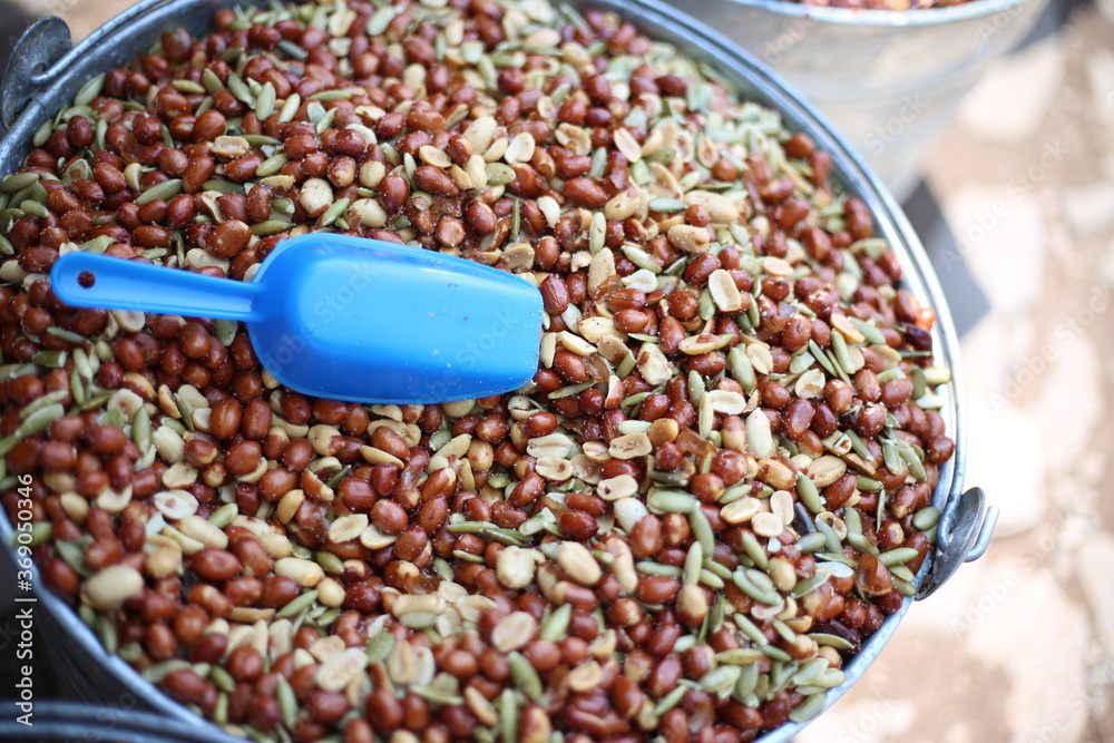 cacahuates pepitas mexican snack salted in mexico city. cubeta. Stock ...
