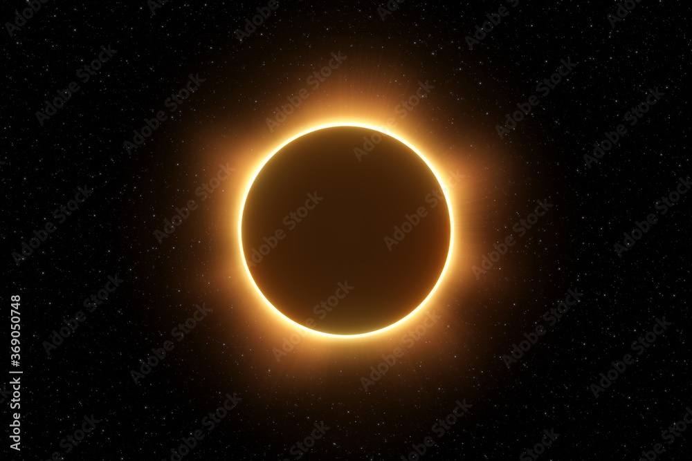 Representation of a total solar eclipse with ring of fire on a space ...
