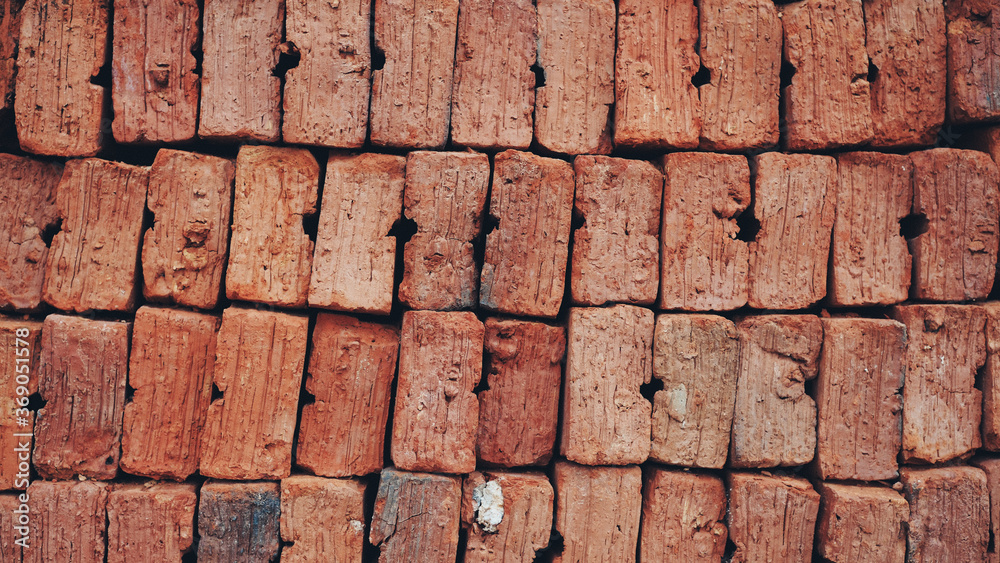 Red brown Clay brick, beautiful surface, arranged into layers of wall ...