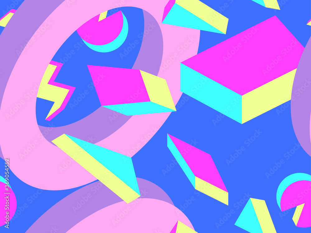 Seamless pattern 3d isometric geometric shapes in memphis style 80s ...
