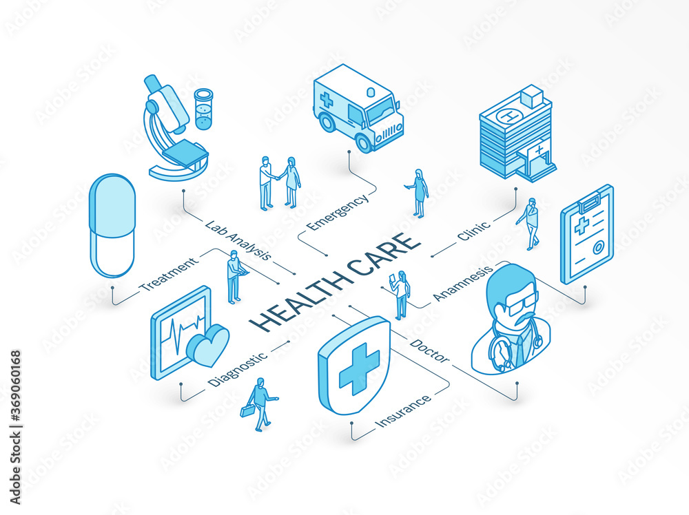 Health Care isometric concept. Connected line 3d icon. Integrated ...