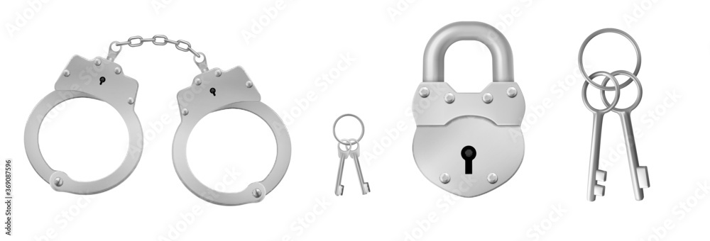 Closed handcuffs and padlock with keys. Concept of police arrest, jail ...