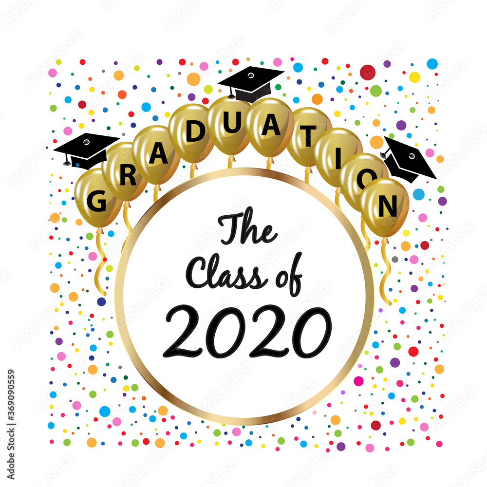 The class of 2020. Graduation hats gold balloons and confetti party ...
