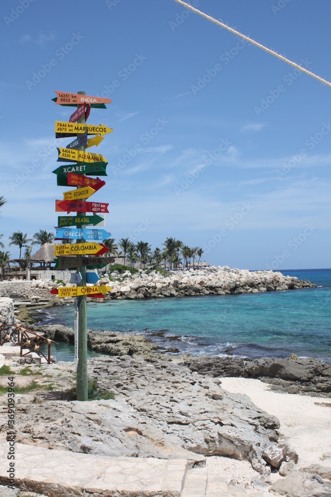 Colorful wooden signs with directions and kilometers to differents ...