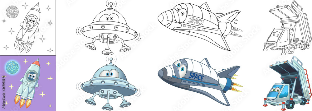 Coloring pages for kids. Colorful space ships collection. Stock Vector ...