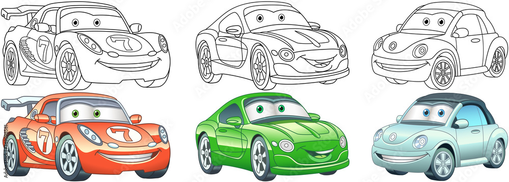 Coloring pages for kids. Colorful cars collection. Stock Vector | Adobe ...