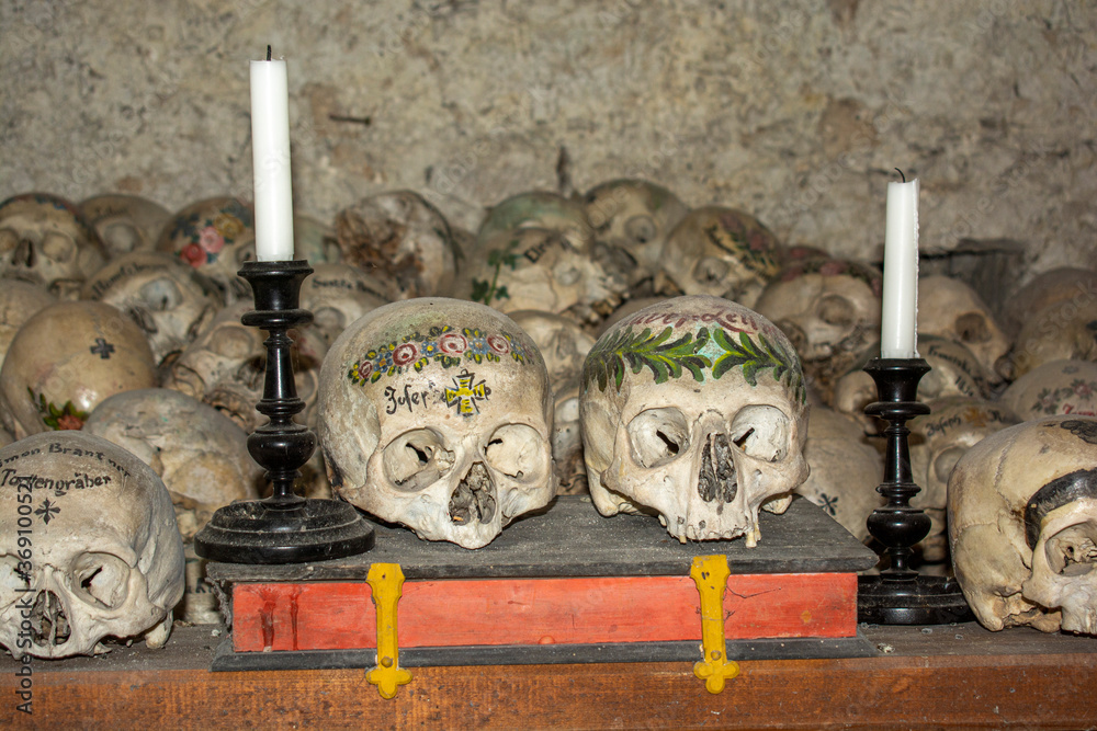 Hallstatt Charnel House or Bone House in St Michael chapel of Hallstatt ...