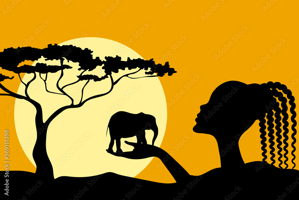 African woman holds elephant in her hand. Black silhouette on the ...