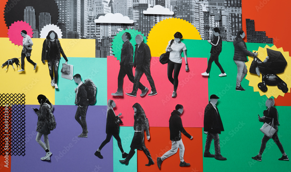 Foto de Group of people walking in the city, collage and cut papers. do ...