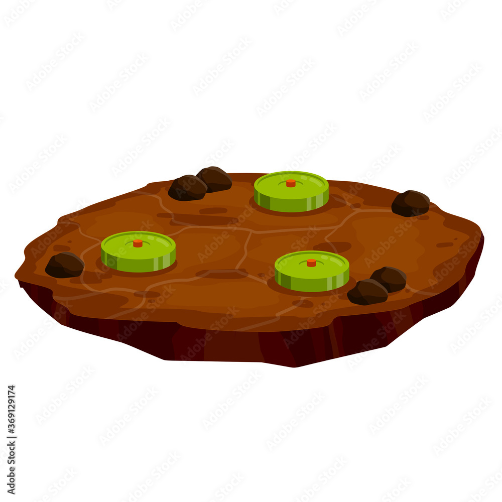 Minefield. Set of mines on ground. Rocks and grass. Explosive element ...