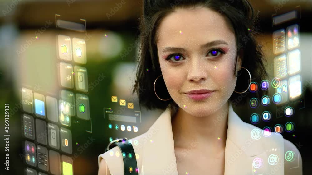 Smart contact lens. Portrait of young woman using vr contact lens with ...