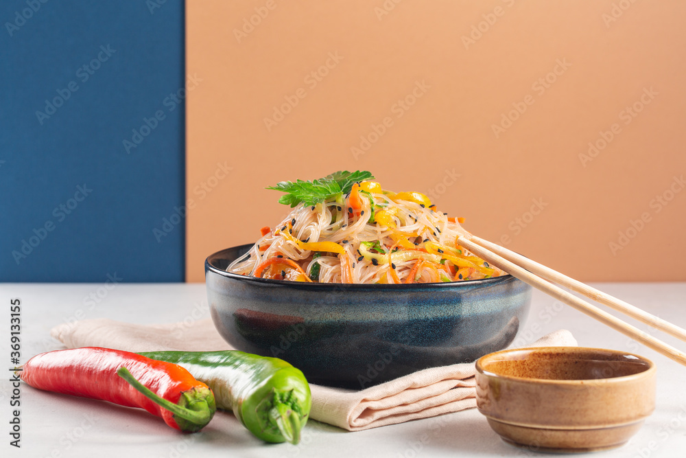 Cold Funchoza salad. Glass (or cellophane) noodles salad with fresh ...