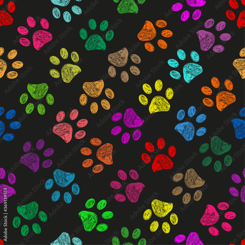 Colorful vibrant colored doodle paw prints. Seamless pattern for ...