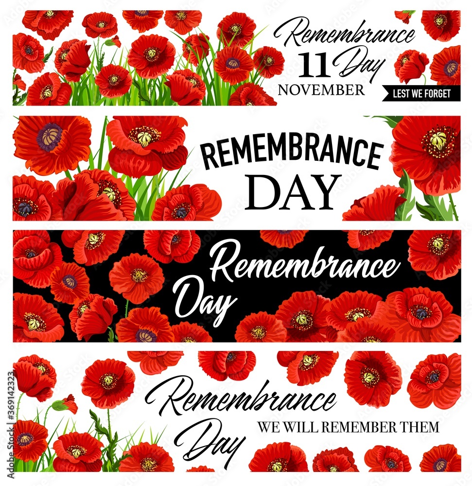 11 November Remembrance Day banners set with poppy flowers. Vector ...