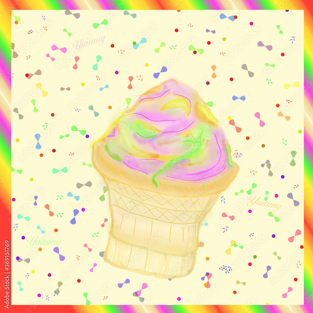 Drawing of cone filled with rainbow sherbet. Summer treat. Stock ...