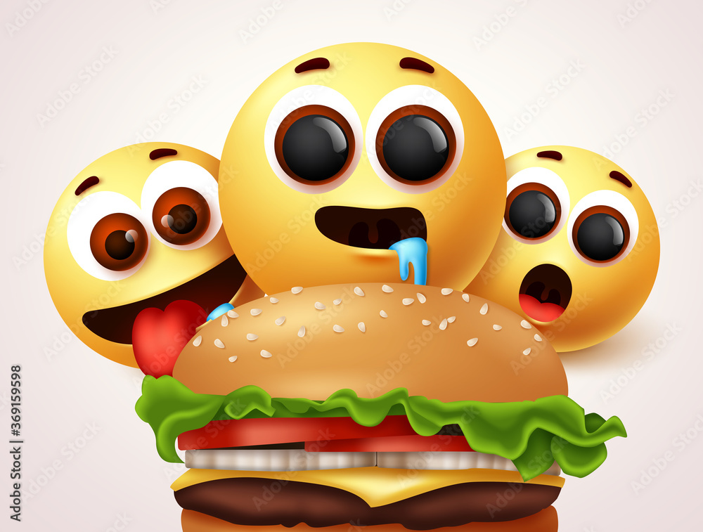 Smiley emojis hungry of burger character vector design. Emoji smileys ...