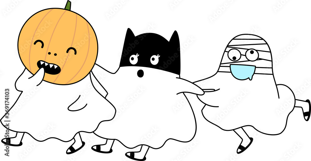 Cartoon of little three cute ghost with fantasy head play together ...