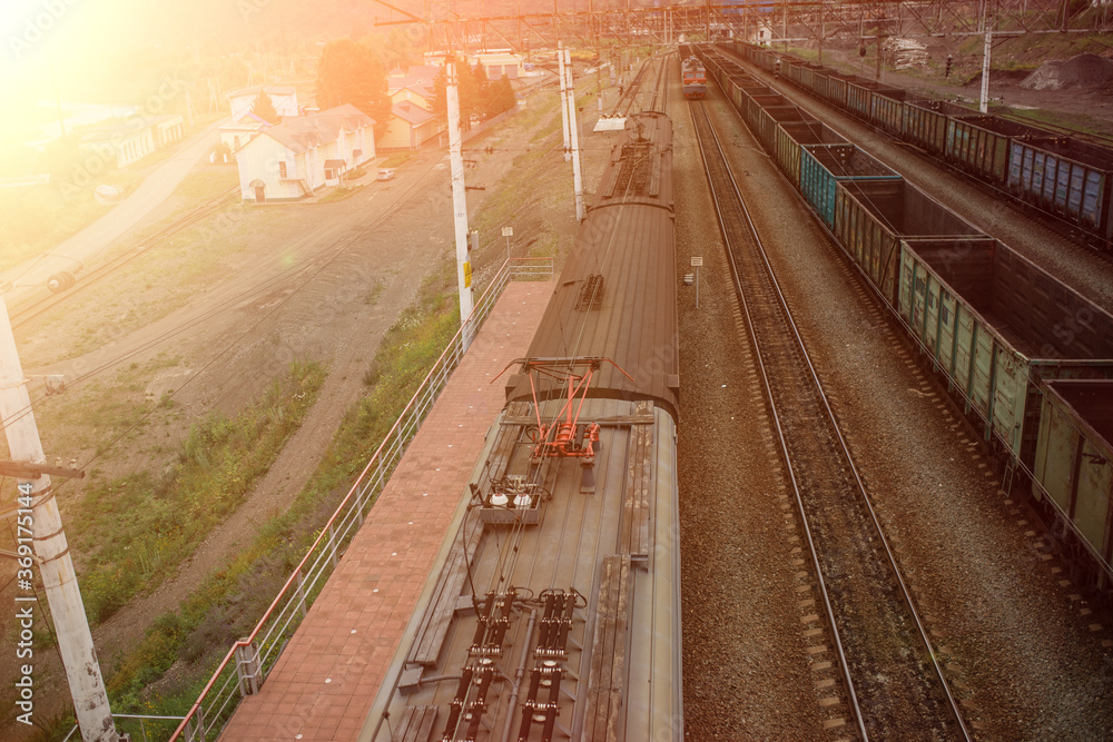 Top view of a railway marshalling yard with railroad cars. Coal ...