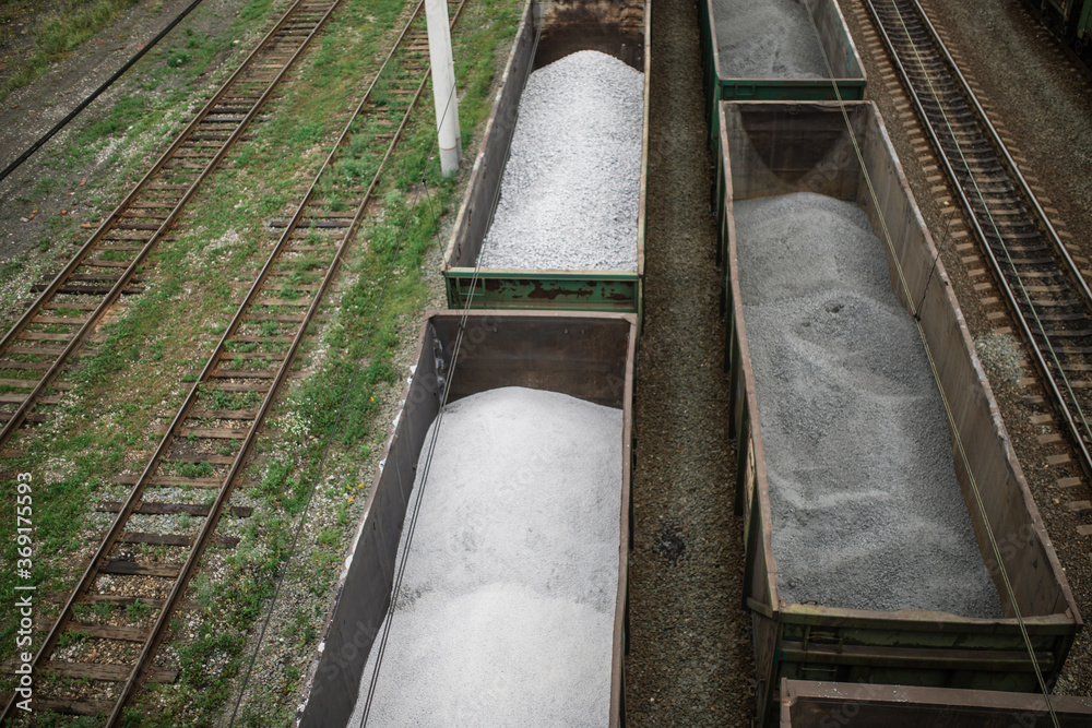 Top view of a railway marshalling yard with wagons. industry. Freight ...