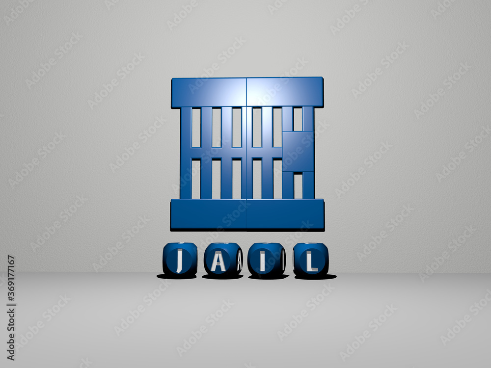 3D illustration of JAIL graphics and text made by metallic dice letters ...