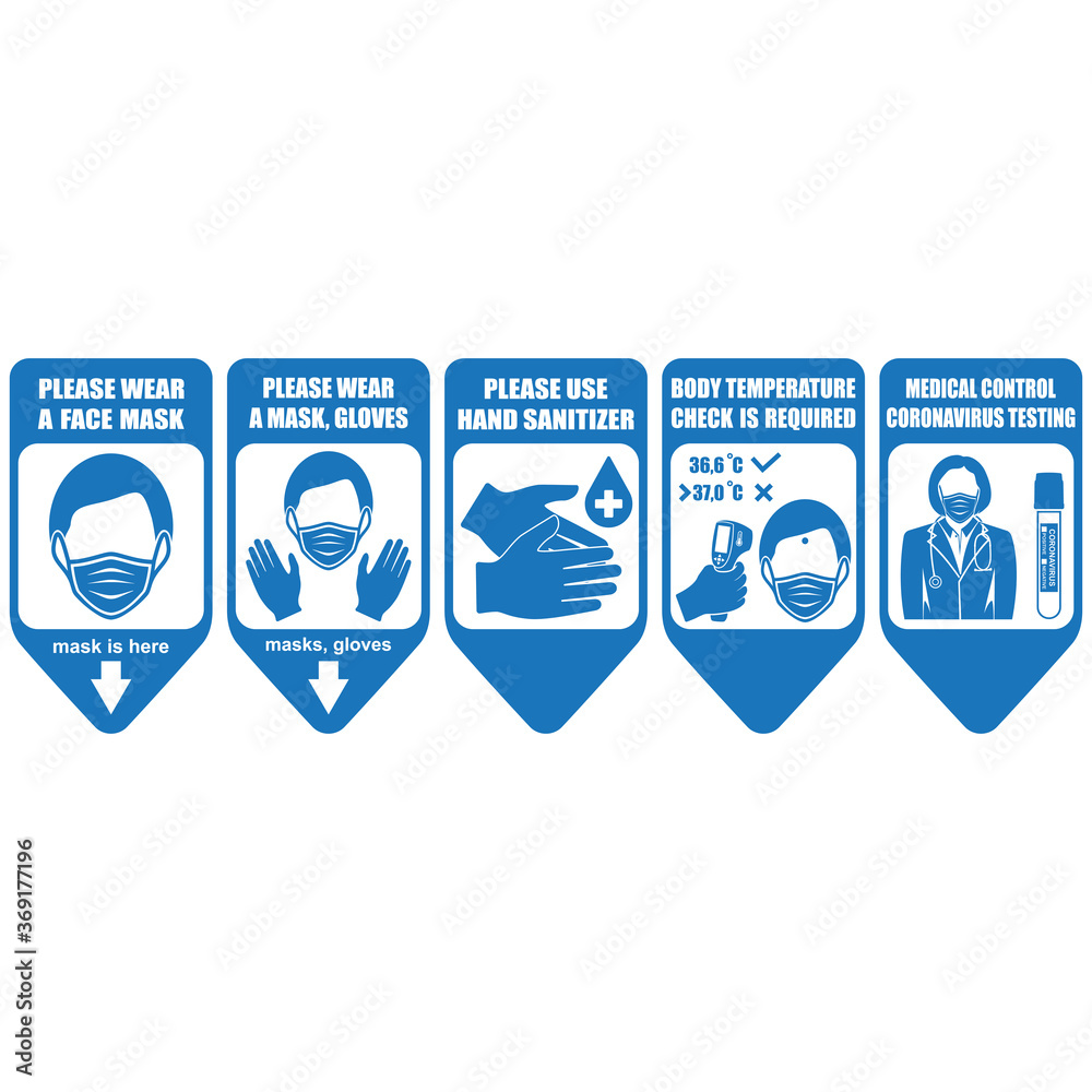 Healthcare infographic elements. Signs PLEASE WEAR A FACE MASK, GLOVES ...