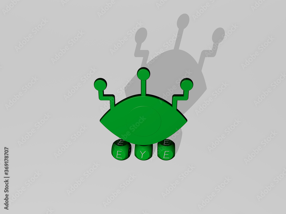 3D illustration of EYE graphics and text made by metallic dice letters ...