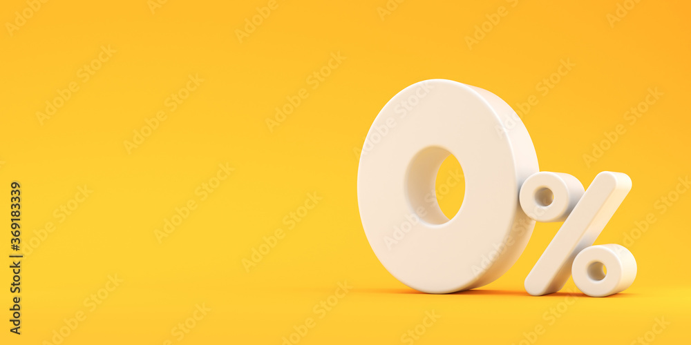 White zero percent on a yellow background. Illustration for advertising ...