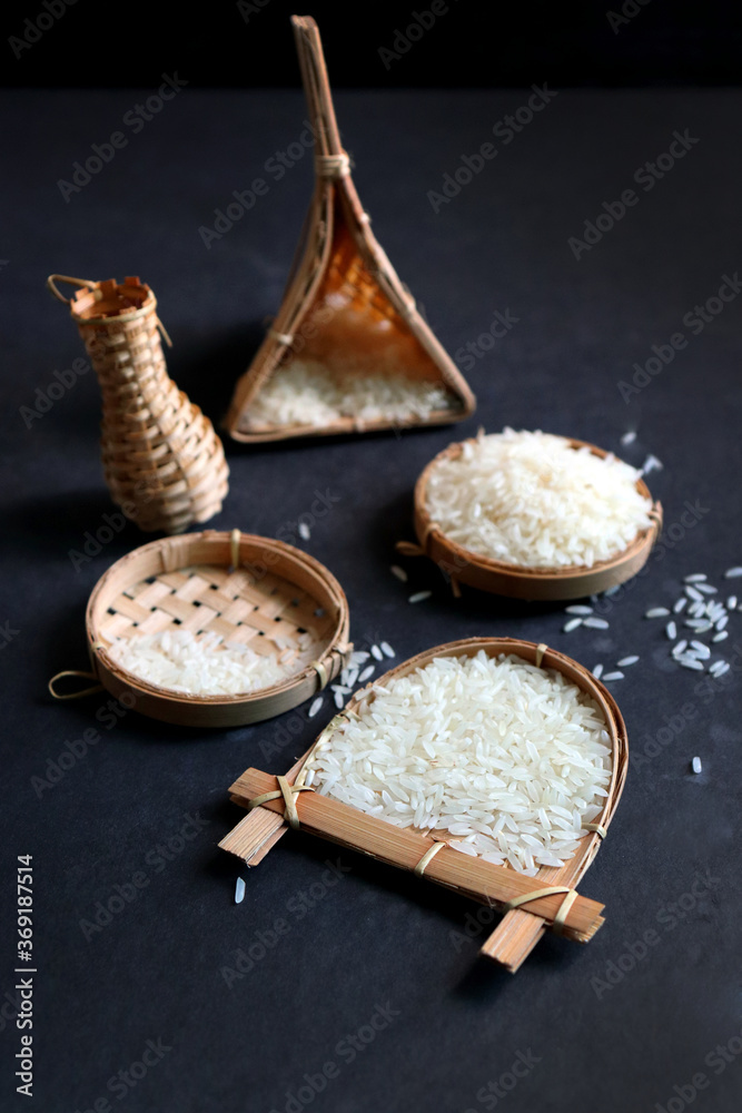 Raw rice farming. Indian kolam rice placed in an indigenous or conical ...