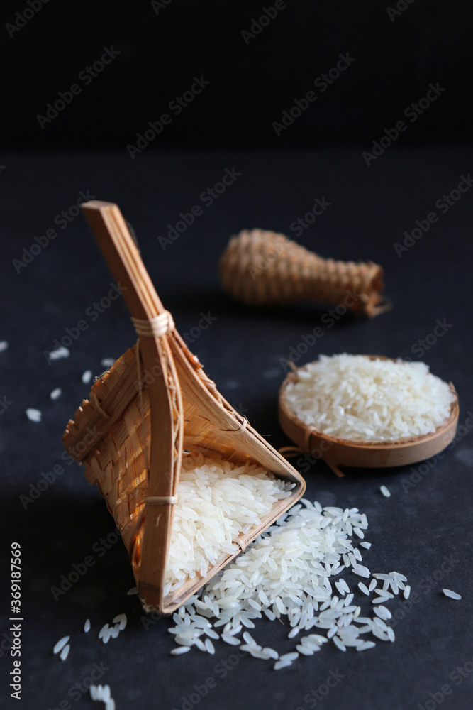 Raw rice farming. Indian kolam rice placed in an indigenous or conical ...