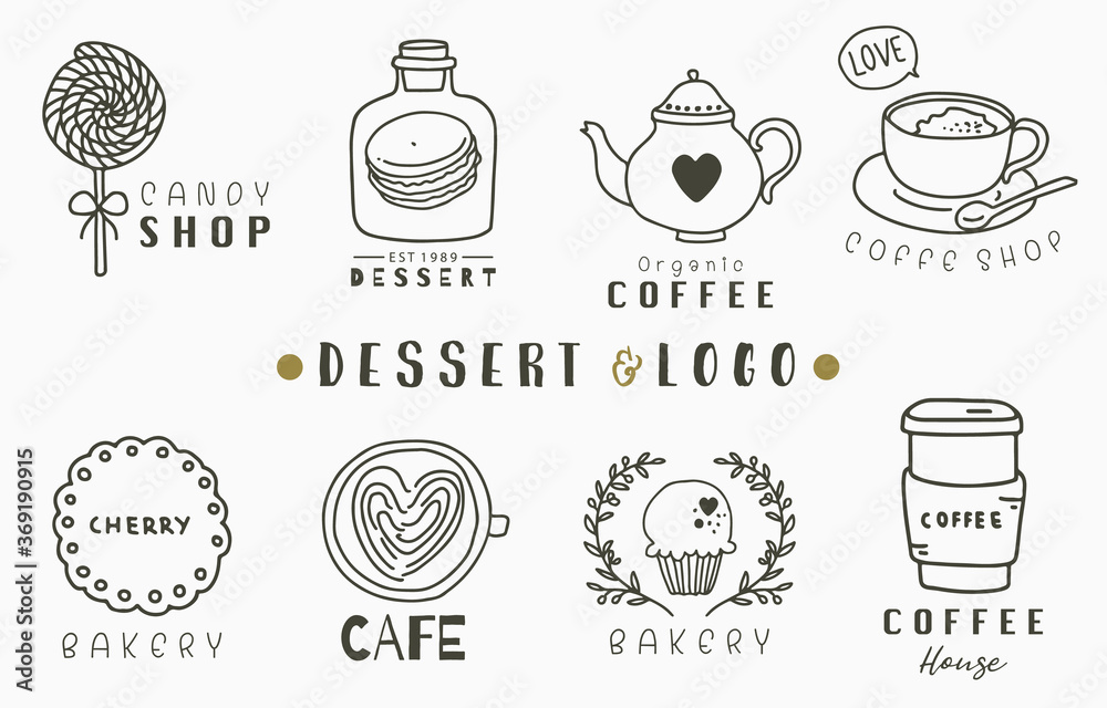 Line dessert logo collection with candy,tea,pot,cake,cookie.Vector ...