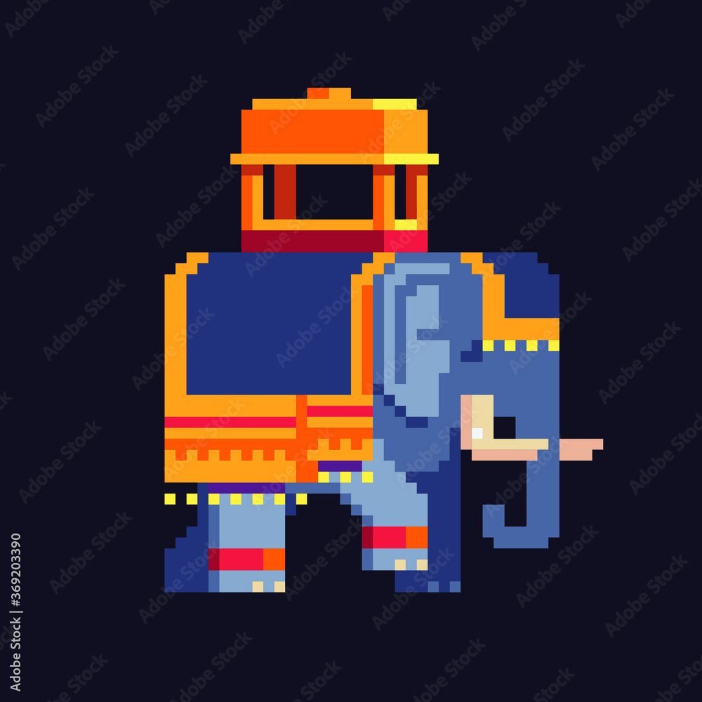 Decorated elephant in india or thailand. Pixel art icon. Travel and ...